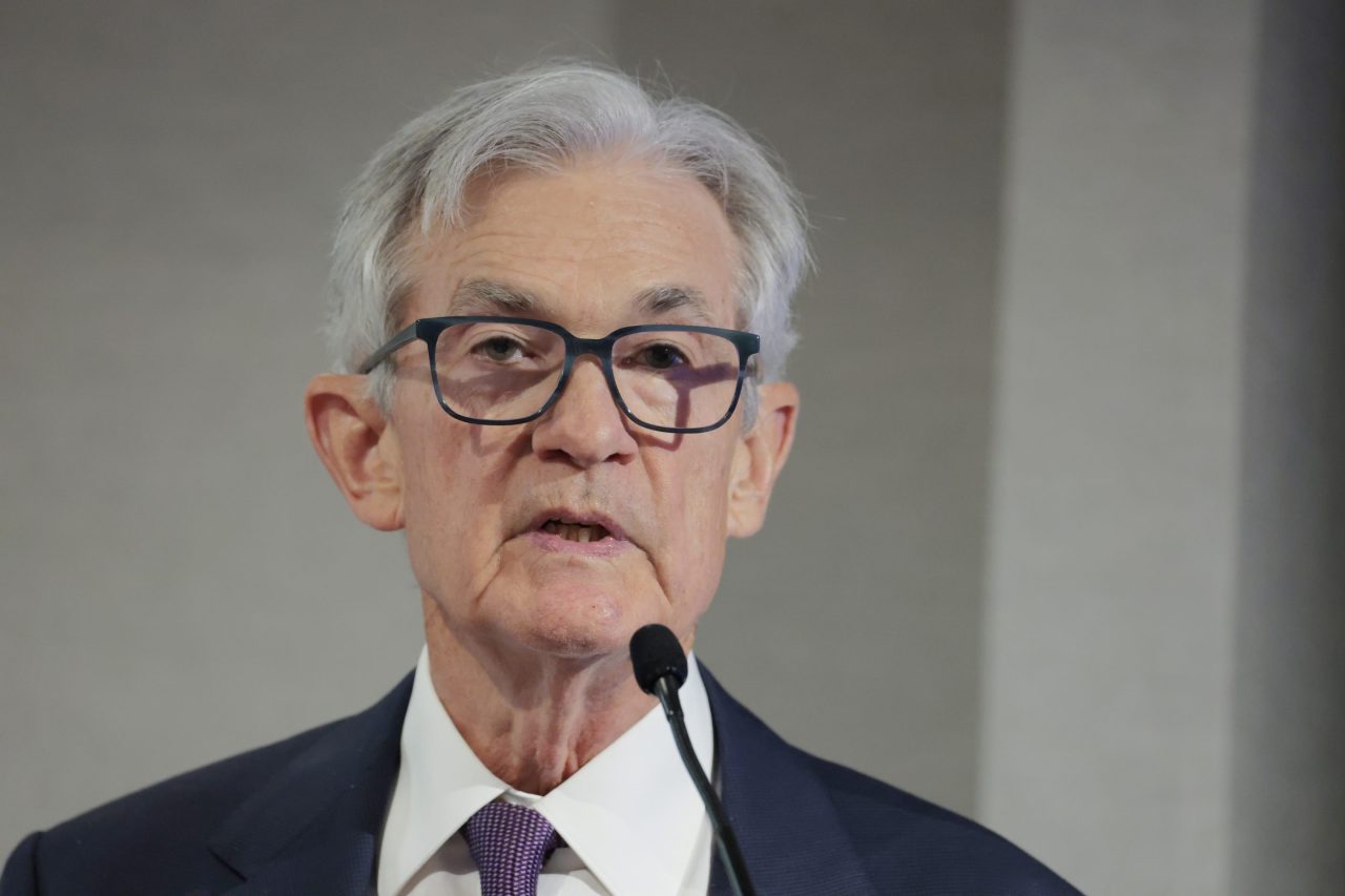 Federal Reserve Chairman Jerome Powell speaks during a Society for ...